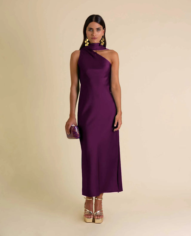 Vestido Midi Ciruela Asimétrico con Lazada al Cuello | Invitadas THE-ARE
