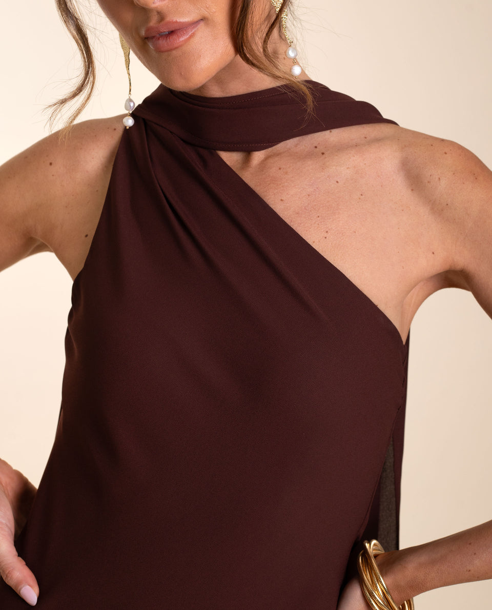 Vestido Midi Marrón Asimétrico con Fular | Invitadas THE-ARE